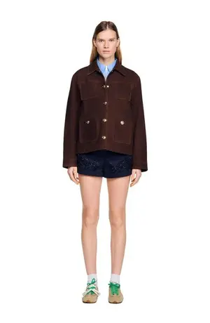 Sandro Suede Press-stud Jacket - Black Brown
