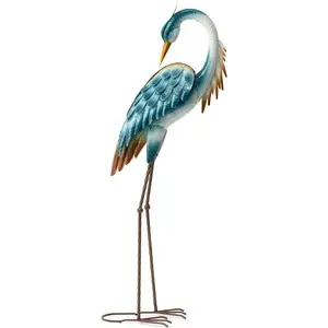 GLITZHOME Metal Standing Crane Garden Statue With Stakes - Blue