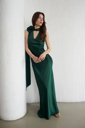 VASILIKI Luna Silky Bias Cut Gown - Emerald