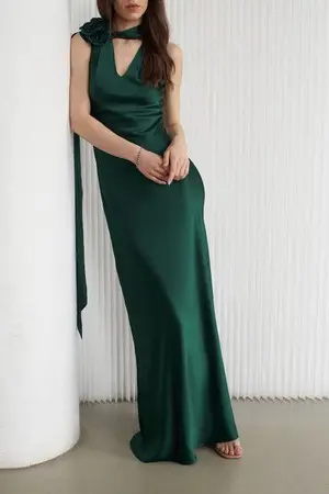 VASILIKI Luna Silky Bias Cut Gown - Emerald