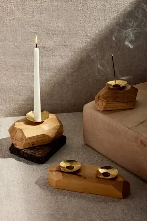 KANJU INTERIORS Wood Incense And Candle Holder Dor+kie - Natural