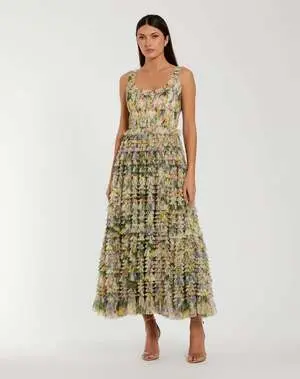 Mac Duggal Floral Print Tiered Ruffle Midi Dress