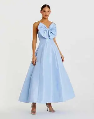 Mac Duggal Strapless A-line Tea Length Bow Dress - Blue