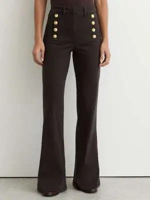 REISS Athena Flared Jeans With Button Detail - Chocolate Brown