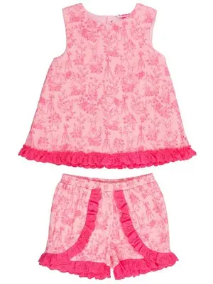 RUFFLEBUTTS Cotton Gauze Swing Top And Short Set - Pink Bunny Stripe