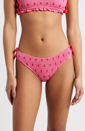 DAMSON MADDER Polka Dot Smocked Bow Bikini Bottoms - Pink