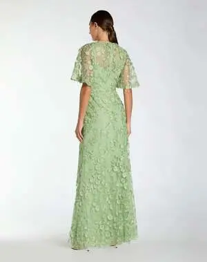 Mac Duggal Flutter Sleeve Floral Embroidered Net Gown - Green