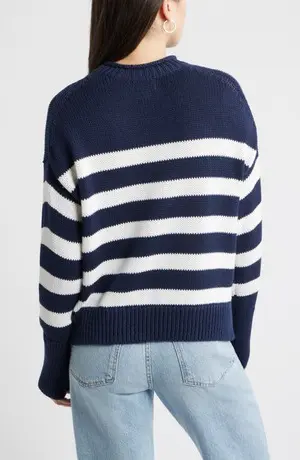 Caslon Stripe Roll Neck Cotton Sweater - Navy Still- White Stripe