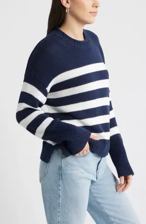 Caslon Stripe Roll Neck Cotton Sweater - Navy Still- White Stripe