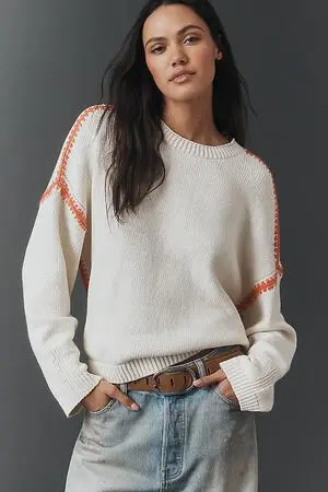 Maeve Long-sleeve Crew-neck Whipstitch Sweater - White