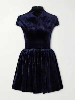 Alaïa Pleated Velvet Turtleneck Mini Dress - Navy