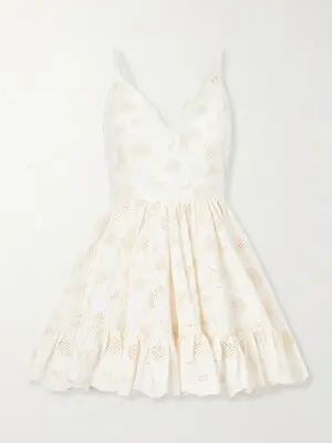 CRISTIANO MARCHELI Fernanda Open-back Ruffled Broderie Anglaise Cotton Mini Dress - Neutrals