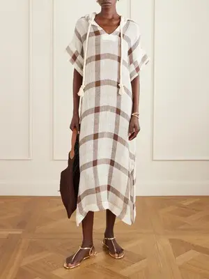 Lisa Marie Fernandez Hooded Checked Linen-blend Crepon Kaftan