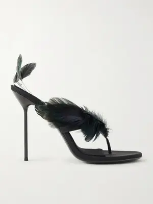 Paris Texas Lidia Feather-trimmed Satin Mules - Black