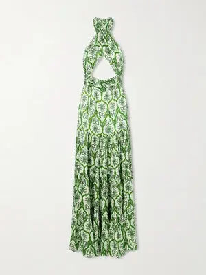 CRISTIANO MARCHELI Nina Cutout Printed Silk-blend Satin Maxi Dress - Green