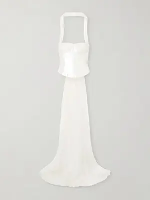 DANIELLE FRANKEL Viola Gathered Draped Tulle-trimmed Wool And Silk-blend Twill Top - Neutrals