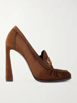 Saint Laurent Le Loafer Embellished Suede Pumps - Brown