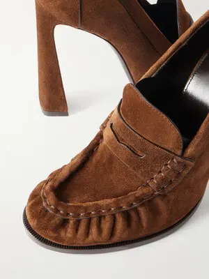 Saint Laurent Le Loafer Embellished Suede Pumps - Brown