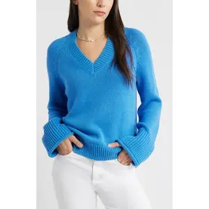 Caslon Oversized V-neck Cotton Sweater - Blue Palace