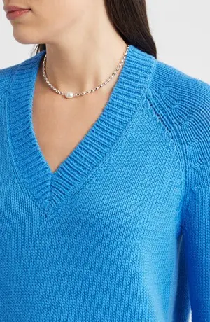 Caslon Oversized V-neck Cotton Sweater - Blue Palace