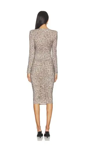L'Agence Paityn Long Sleeve Shirred Dress - Grey Multi Patch Leopard