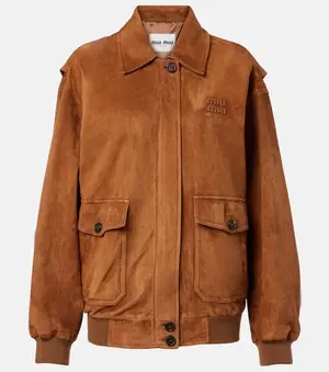 Miu Miu Logo Suede Blouson Jacket - Brown