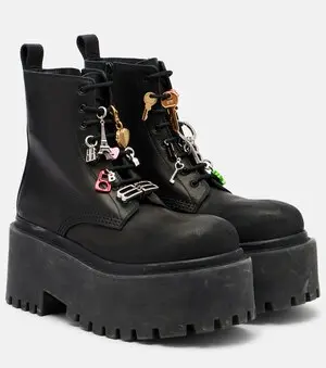 Balenciaga Embellished Leather Platform Combat Boots - Black