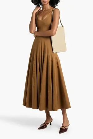 Another Tomorrow Flared Cotton-blend Twill Midi Dress - Light Brown
