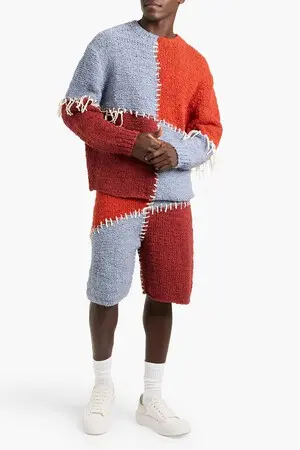 THE ELDER STATESMAN Fringed Patchwork Bouclé-knit Cotton Sweater