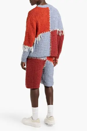 THE ELDER STATESMAN Fringed Patchwork Bouclé-knit Cotton Sweater