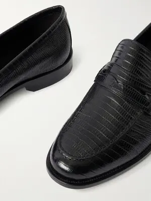 Manolo Blahnik Perry Lizard-effect Leather Penny Loafers - Black