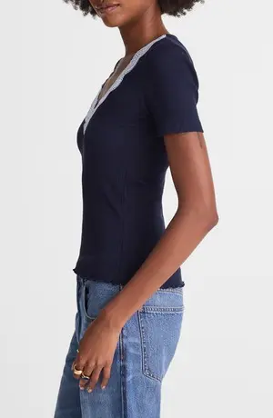 Madewell Lace Trim V-neck Rib Top - Midnight Navy