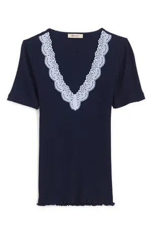 Madewell Lace Trim V-neck Rib Top - Midnight Navy