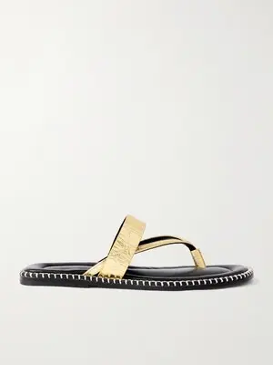Dries Van Noten Whipstitched Metallic Croc-effect Leather Sandals - Gold