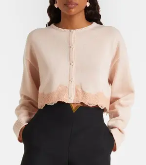 Valentino Garavani Lace-trimmed Cropped Virgin Wool Cardigan - Pink