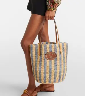 Valentino Garavani Vlogo Striped Raffia Tote - Beige