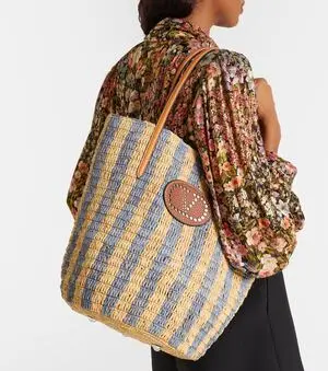Valentino Garavani Vlogo Striped Raffia Tote - Beige