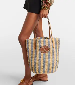Valentino Garavani Vlogo Striped Raffia Tote - Beige