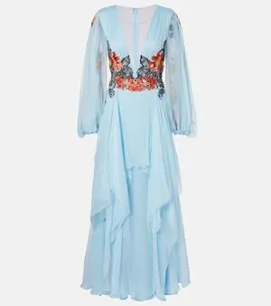 Costarellos Floral Silk Gown - Blue