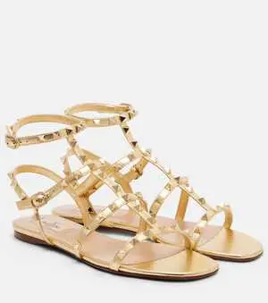 Valentino Garavani Rockstud Metallic Leather Sandals - Gold