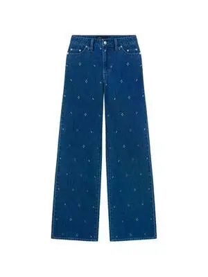 Maje Wide Leg Jeans With Geometric Rhinestone Embellishments