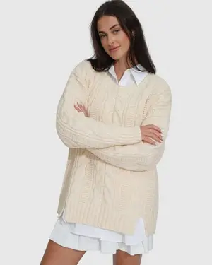 BELLE & BLOOM Oversized Cable Knit Crewneck Sweater - Beige