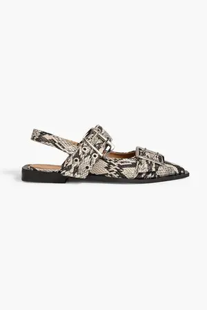 GANNI Buckled Snake-effect Slingback Point-toe Flats - Animal Print