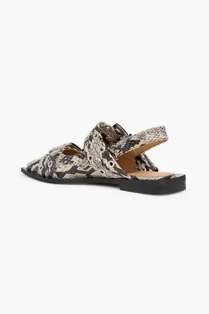 GANNI Buckled Snake-effect Slingback Point-toe Flats