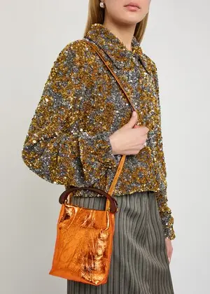 Dries Van Noten Crinkled Metallic Leather Top Handle Bag