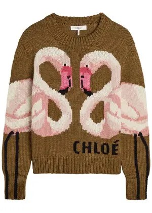 Chloé Flamingo And Logo-intarsia Wool Jumper - Brown Other