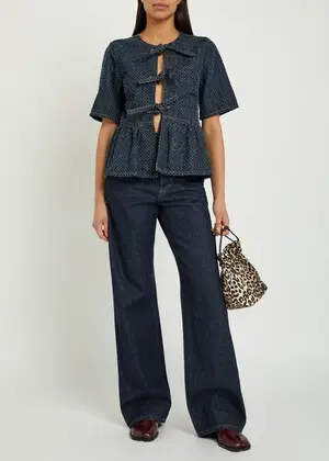 GANNI Tweed-effect Peplum Blouse - Denim