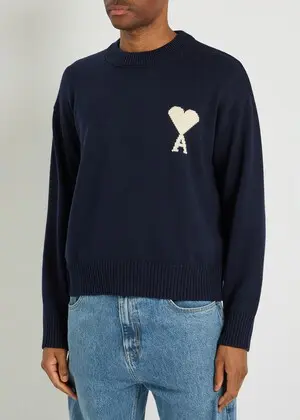 AMI Paris Logo-intarsia Wool And Cotton-blend Jumper