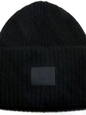 Acne Studios Ribbed Beanie With Face Patch - Black