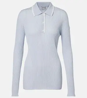 Moncler Ribbed-knit Virgin Wool Polo Sweater - Blue